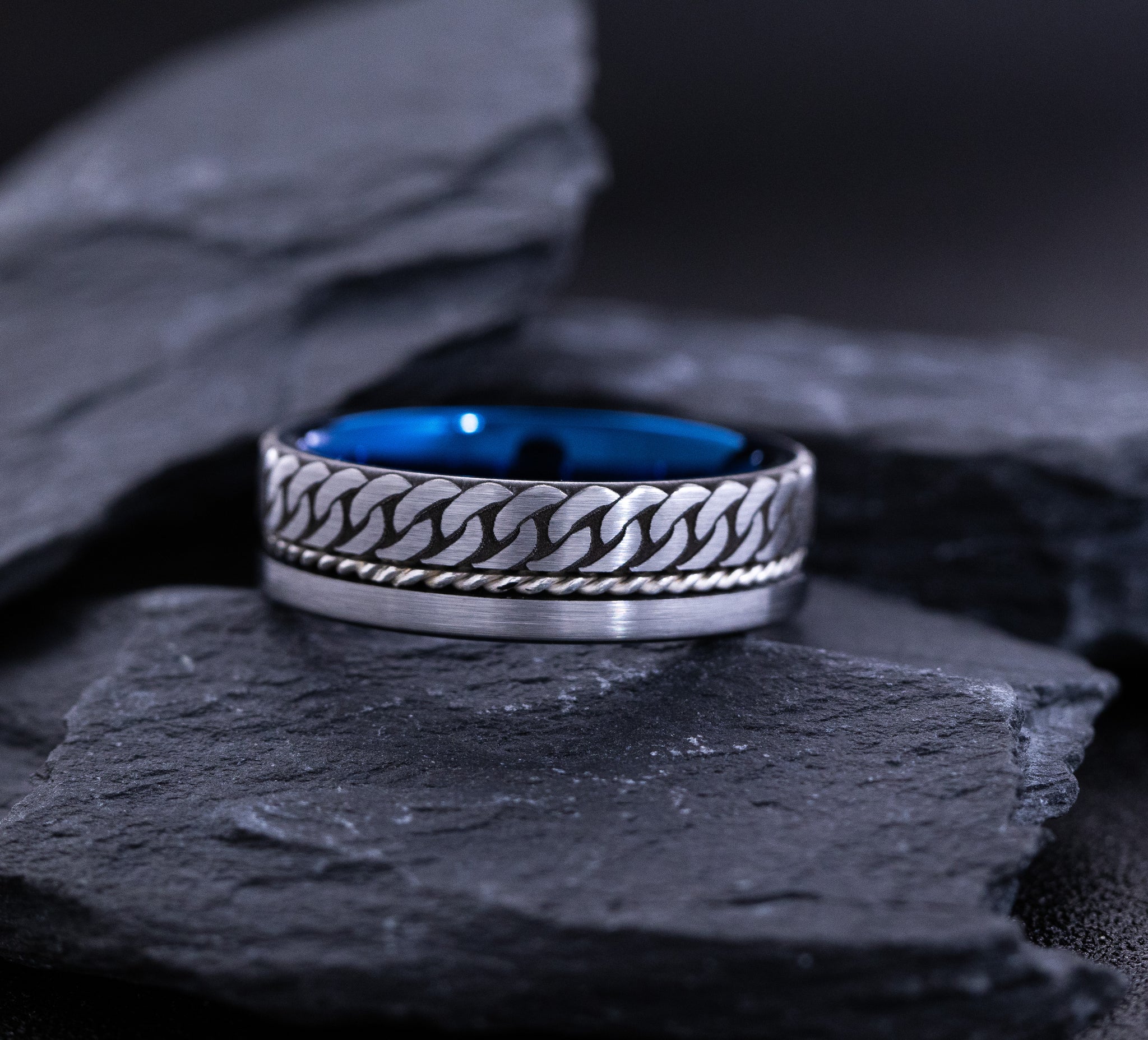 Blue and Silver Tungsten Carbide 8mm Engagement Ring with Rope and Eng